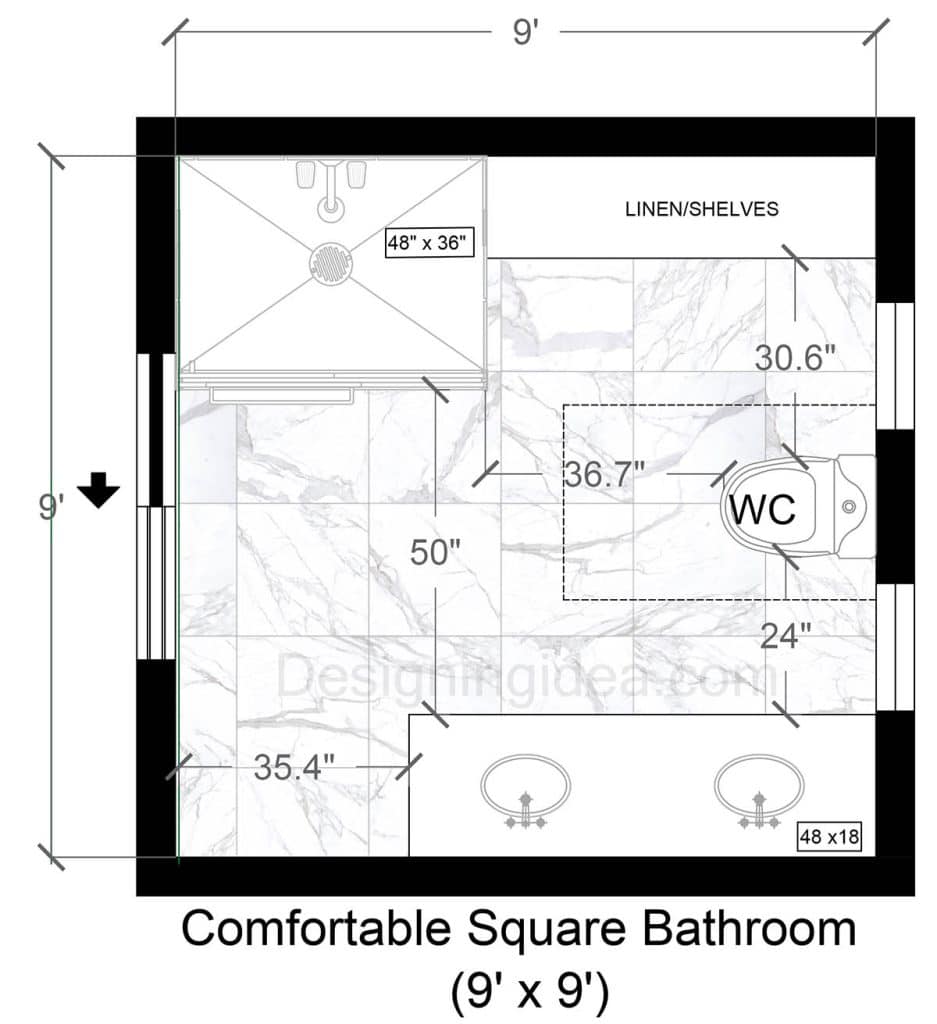 7 Square Bathroom Layouts With A Shower: Different Size Designs
